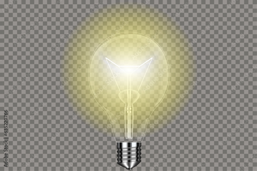 Glass light bulb on a transparent background with a bright yellow glow ...