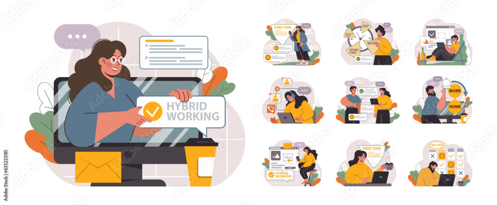 Hybrid work set. Characters with a flexible schedule, working from ...