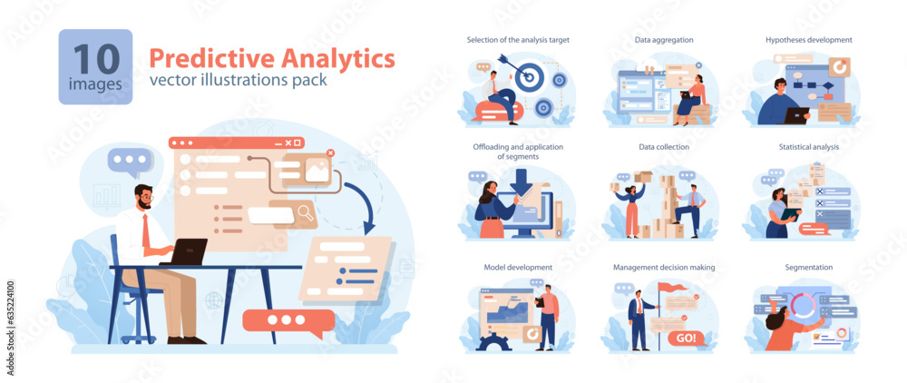 Predictive analytics set. Process of using data to forecast future ...