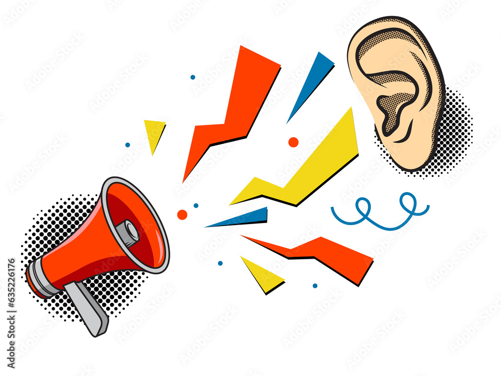 Communication concept - red megaphone and ear. Speaking and listening ...