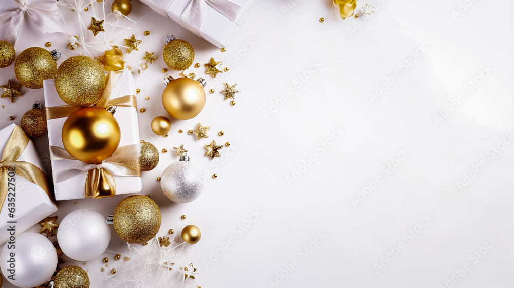 Arrière plan de noël blanc avec boules et décoration dorée - Générative ...
