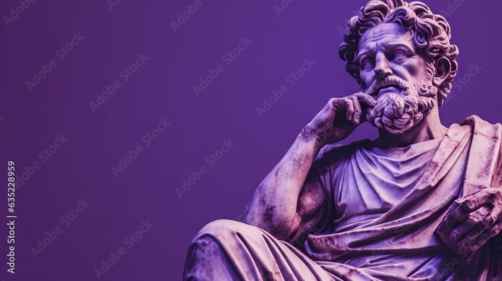 statue of an ancient roman philosopher, stark colors, purple tones ...