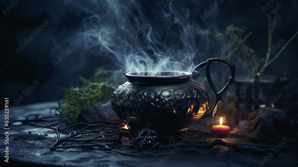 Steaming Witch's Cauldron on Matte Black Background with Witchy Themed ...