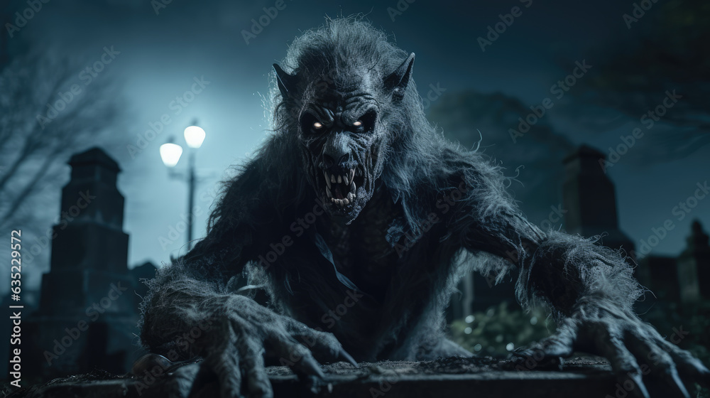 Portrait of Scary Werewolf in Cemetery in Full Moon Horror Night. Stock ...