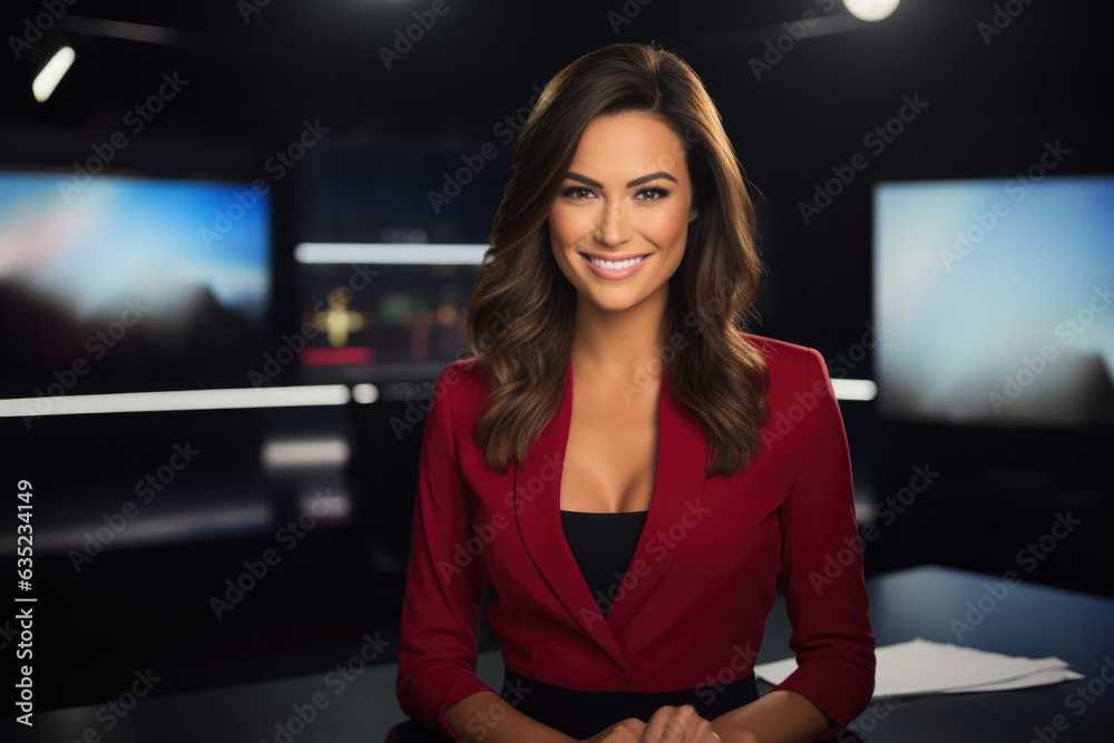 Live news. Female anchor in TV studio on air. Newscaster portrait Stock ...