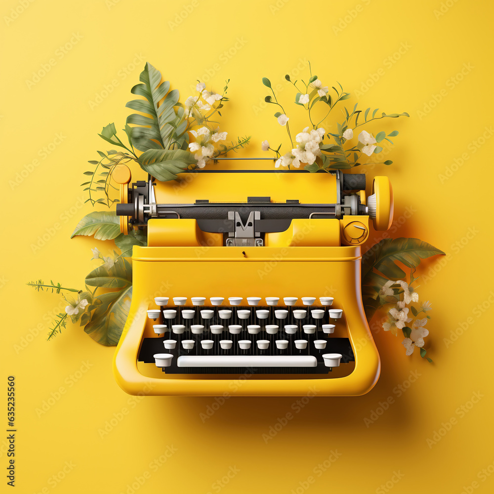 Yellow typewriter with flowers on yellow background. Inspiration for ...