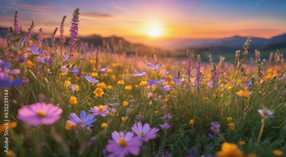 Vibrant Sunset over Idyllic Meadow with Wildflowers Stock Photo | Adobe Stock
