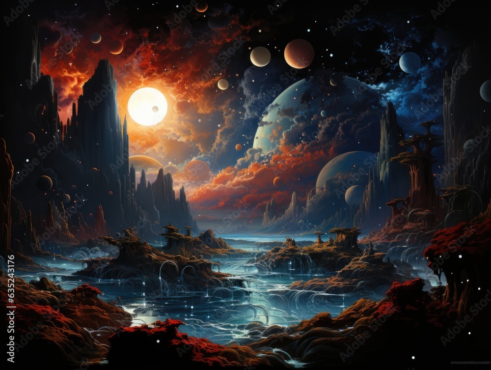 Illustration of a celestial landscape painting with planets and stars ...