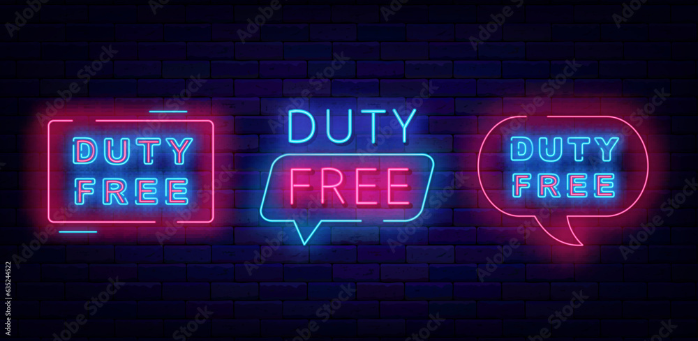 Duty free neon emblems collection. Speech bubbe frame. Advertisings on ...