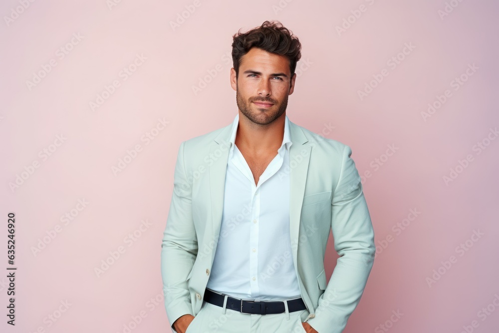 Portrait of a young fictional man smiling. Isolated on a plain colored ...