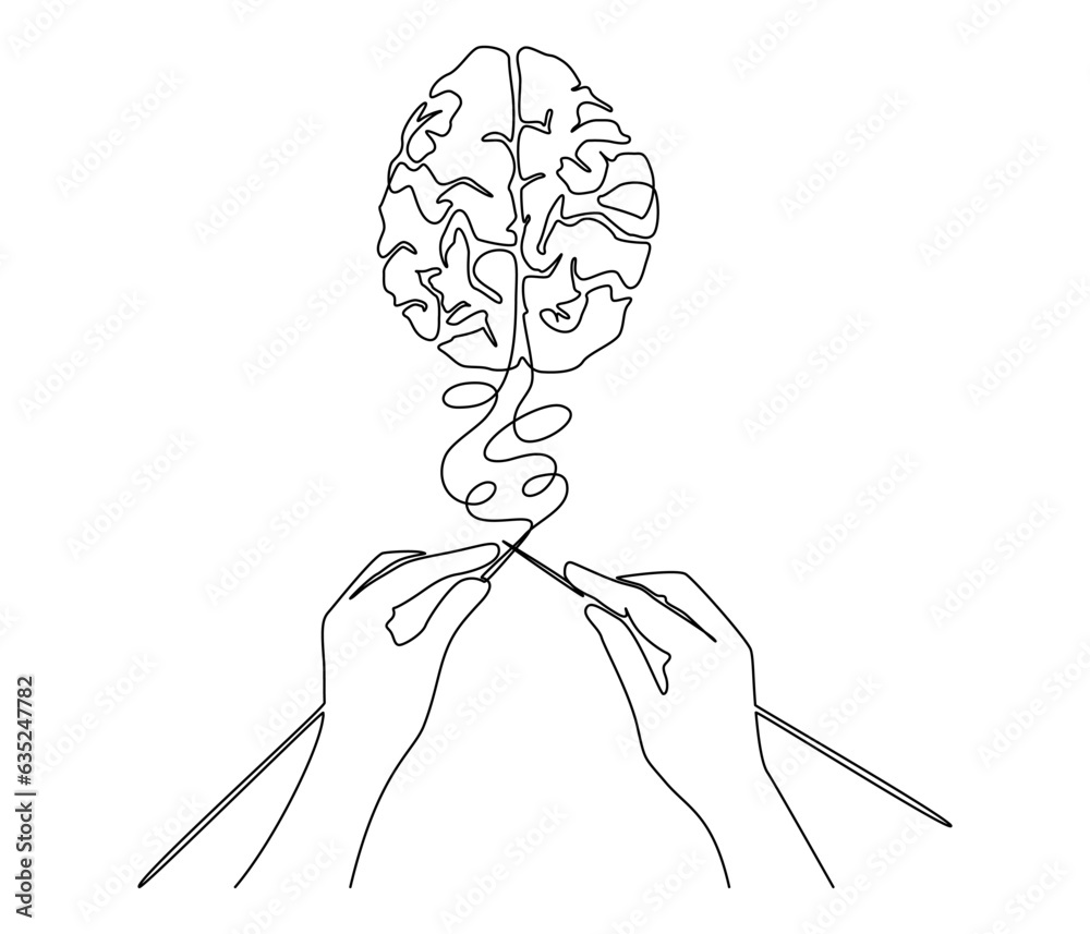 Continuous one line drawing of human hands knitting brain. Mental ...
