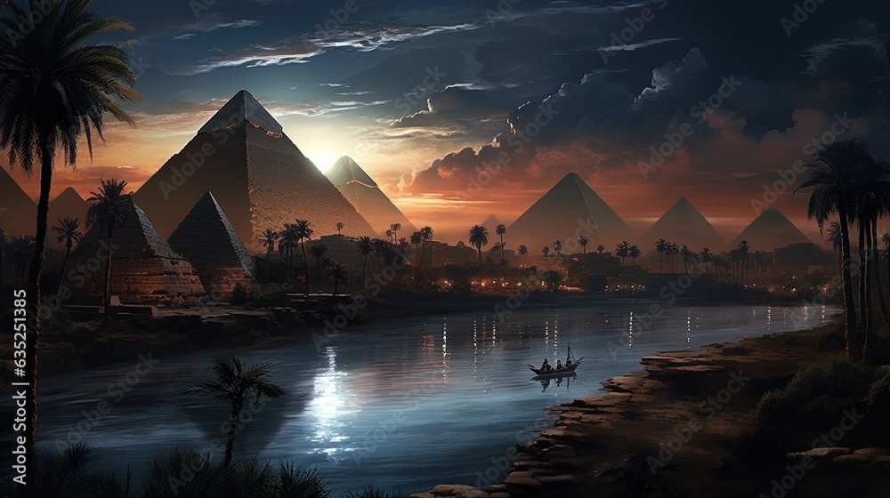 Landscape with ancient Egyptian pyramids, beautiful sunset. AI ...