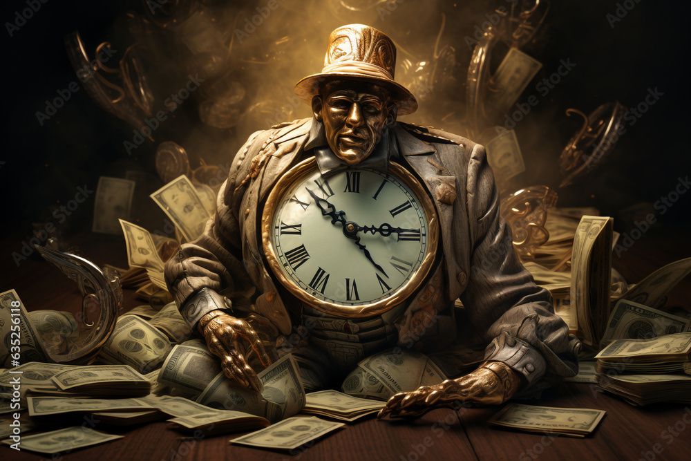 Foto de Time is money concept. Old clock surrounded by money. Old man ...
