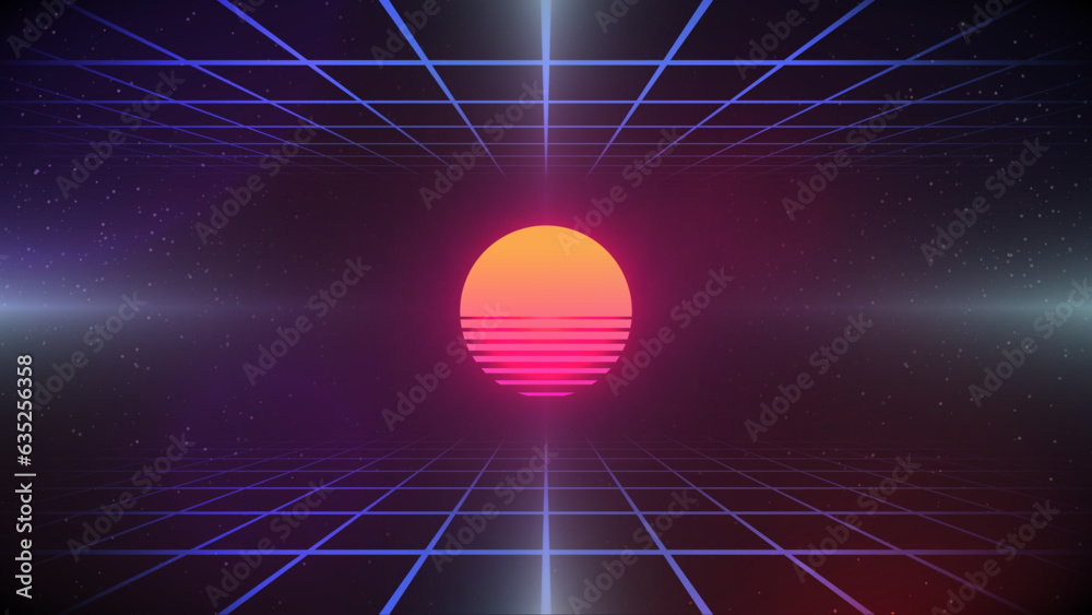 Synthwave Sunset Background. 80s Sun Backdrop. Blue perspective grid with retro Sun on dark ...