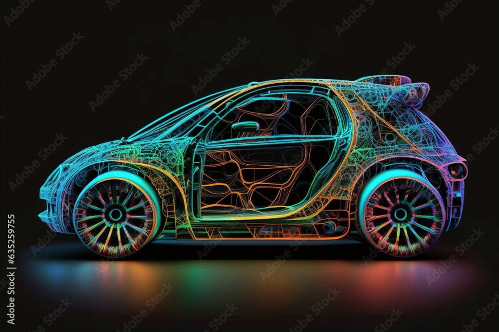 A futuristic car design made of colorful meshes on a black background ...