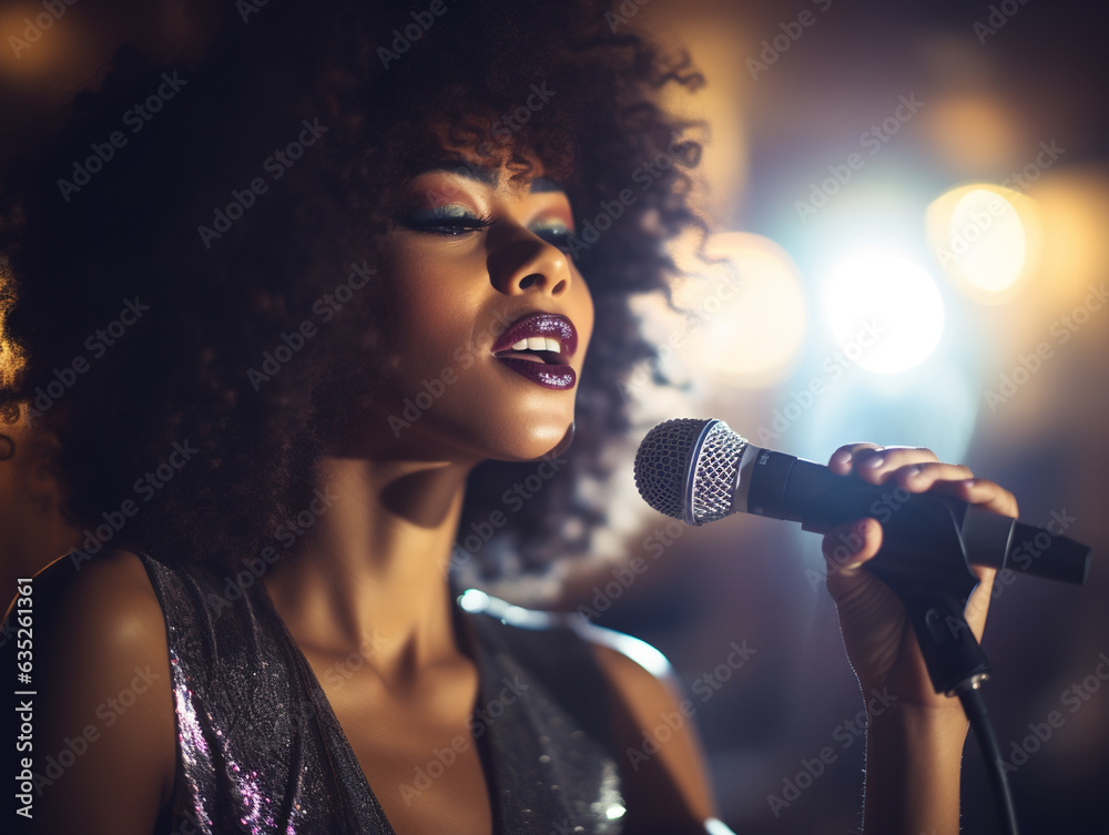 Beautiful black female singer with microphone, stage performance Stock ...