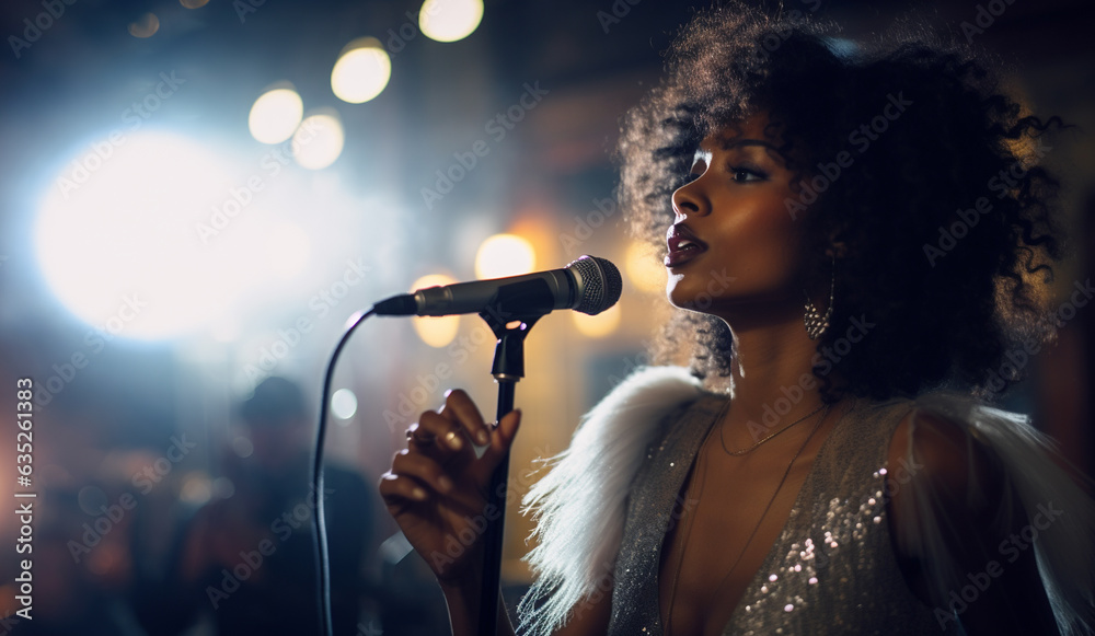 Beautiful black female singer with microphone, stage performance Stock ...