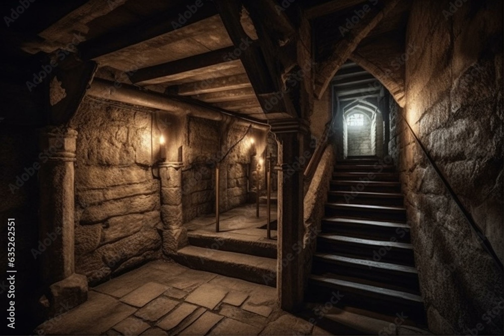Dim medieval castle dungeon passage with illuminated underground ...