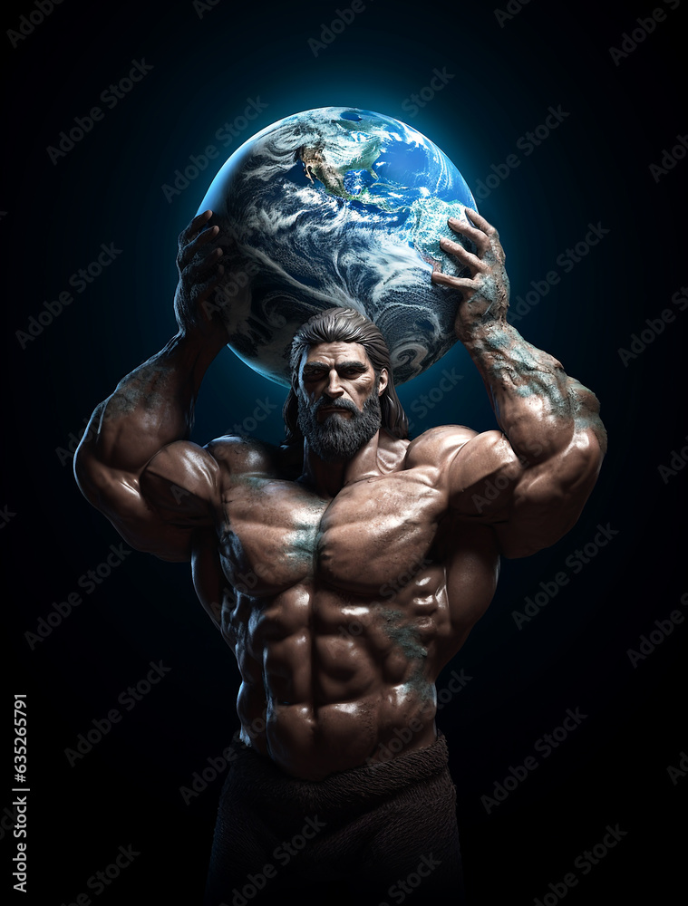 Mythical titan Atlas holding up the planet Earth, isolated on black ...