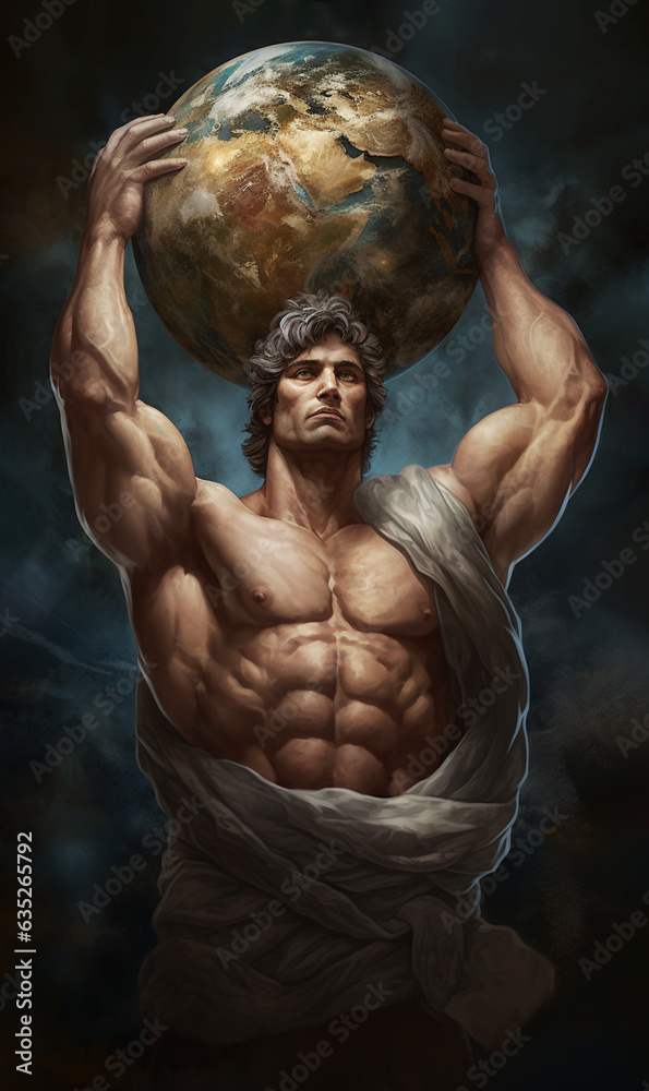 Mythical titan Atlas holding up the planet Earth, isolated on black ...