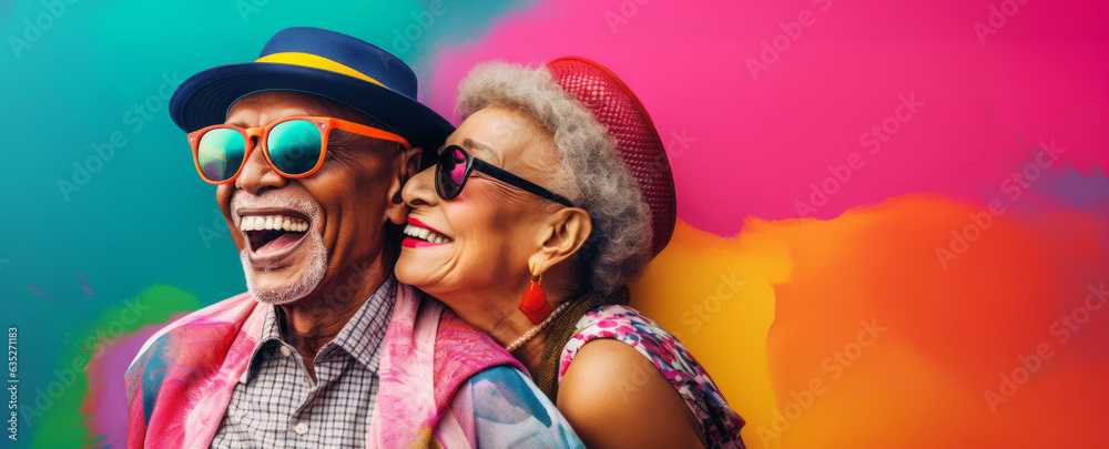Happy elderly couple in love, hugging and smiling together on a ...