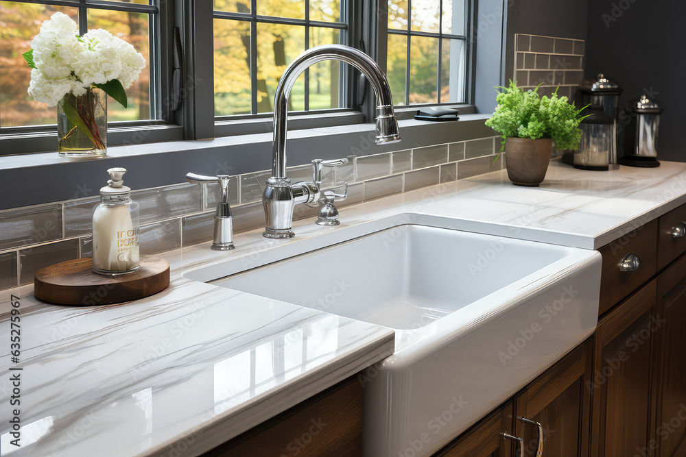 Single ceramic sink and metal faucet on the vanity inside kitchen of ...