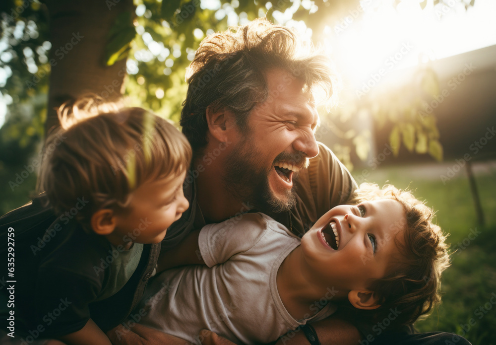 Dad laughing and enjoying with his children in the park Stock Photo ...