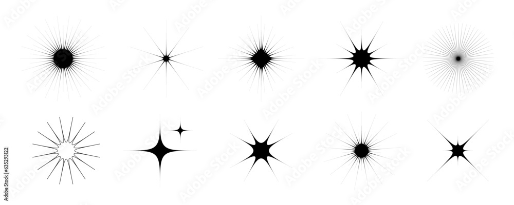 Black stars and twinkles set. Retro blink collection. Abstract simple ...