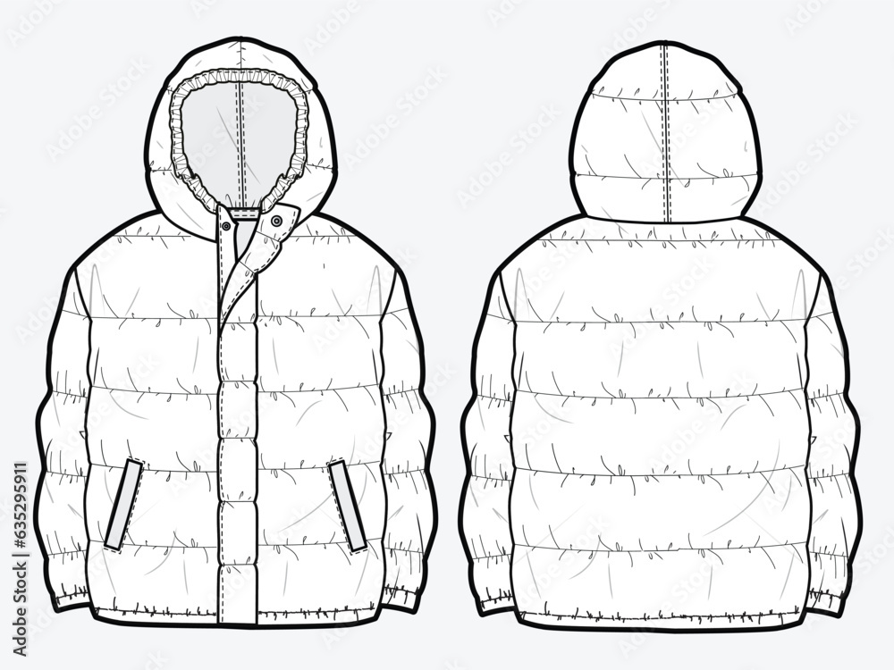 Girls quilted jacket front and back view flat drawing vector ...