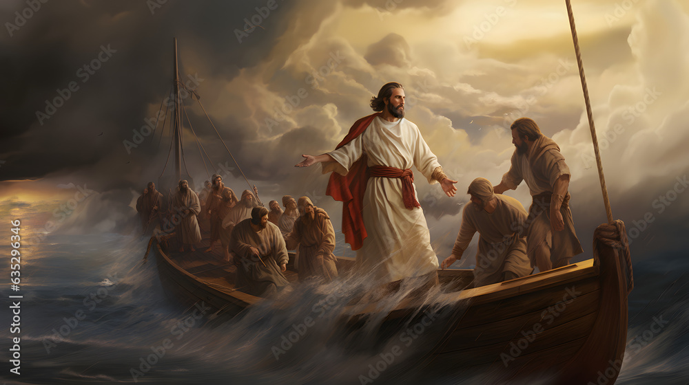 Jesus Christ on the boat calms the storm at sea. Stock Photo | Adobe Stock