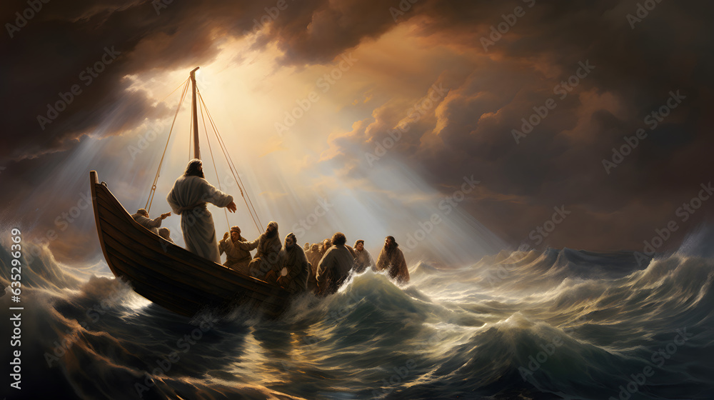 Jesus Christ on the boat calms the storm at sea. Stock Illustration ...