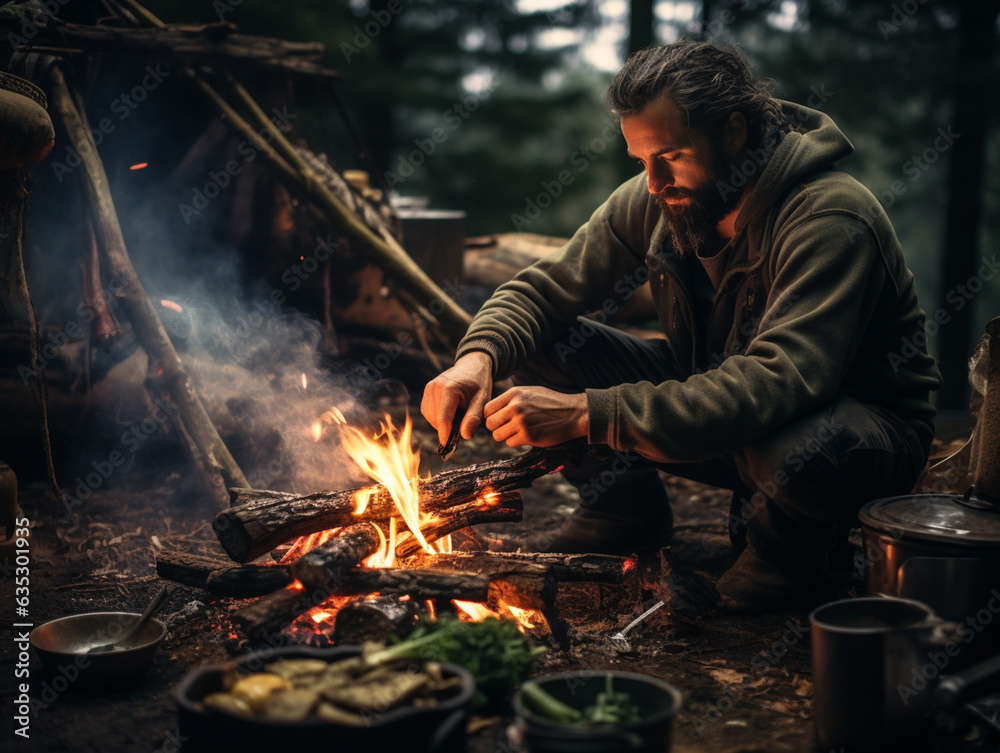 campfire cooking and Survivor in the national forest. Camping tent ...