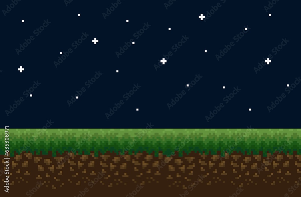 Pixel art of night sky with stars, green grass and soil, can be used ...