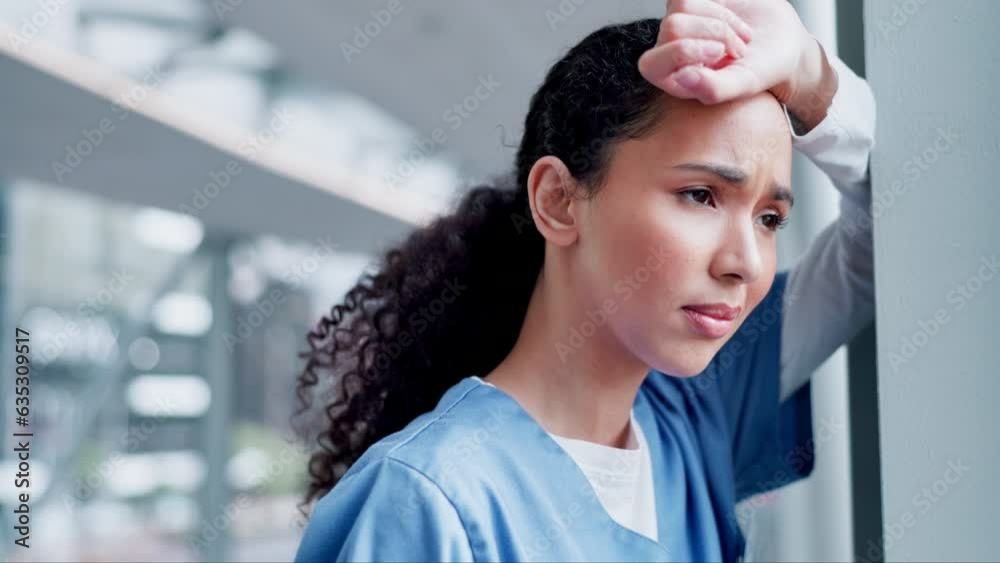 Window, nurse and woman with stress, headache and mistake with ...
