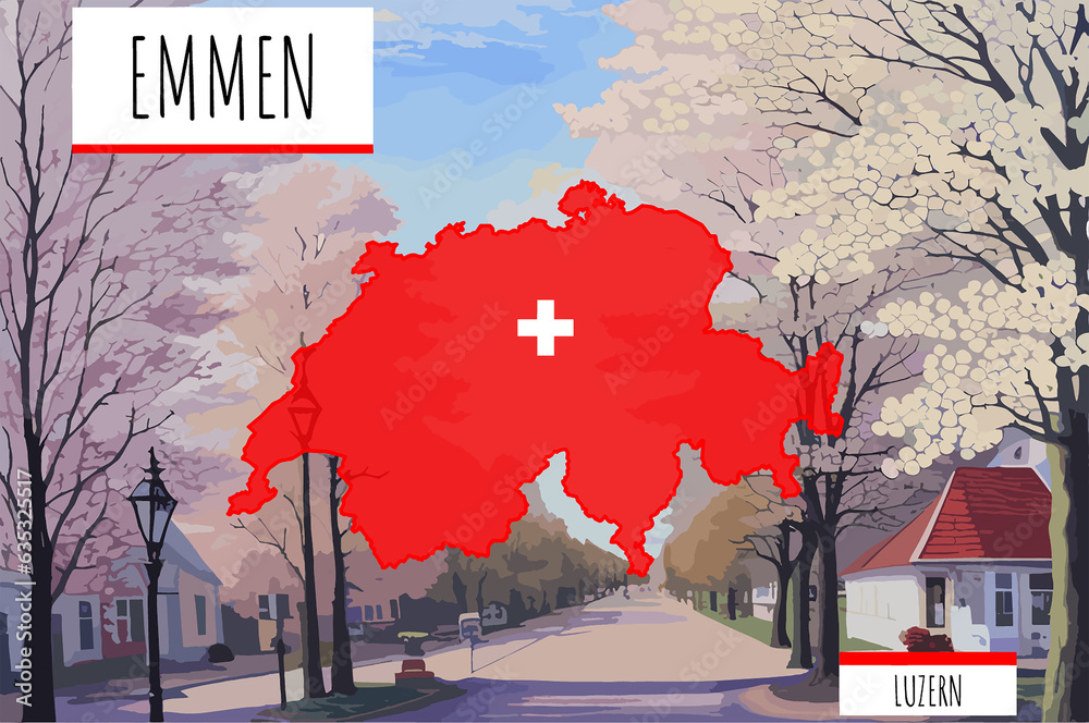 Emmen on a Swiss map with a scene in Switzerland Stock Illustration ...