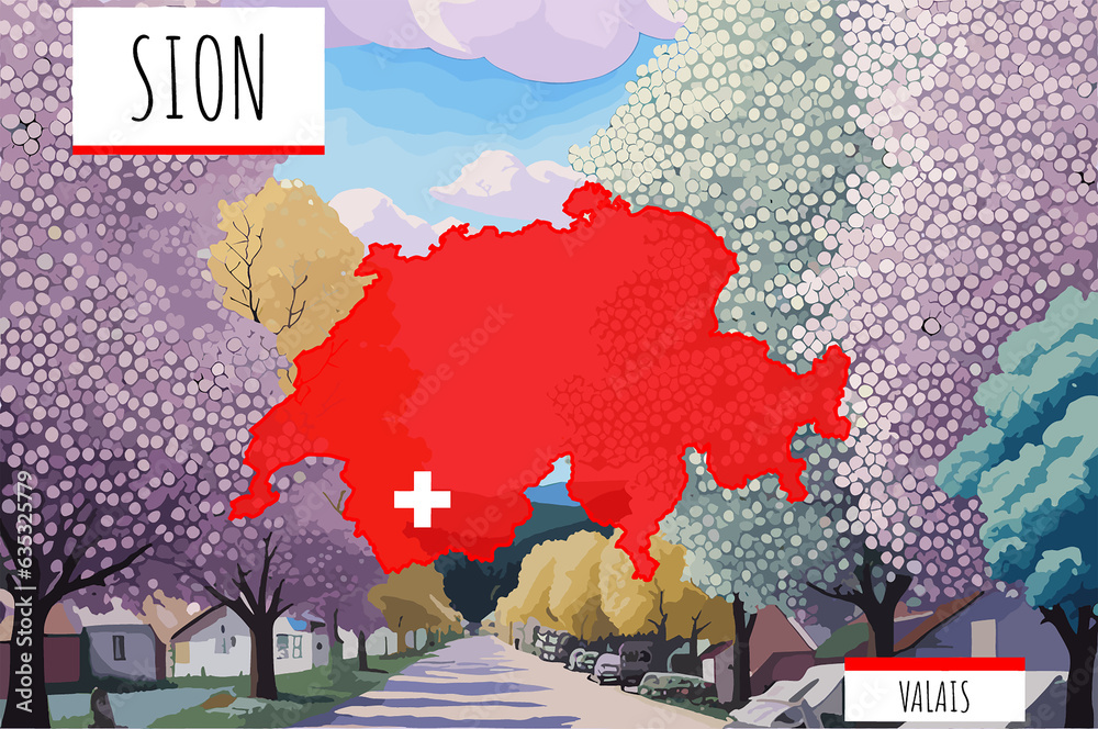 Sion on a Swiss map with a scene in Switzerland Stock-Illustration ...