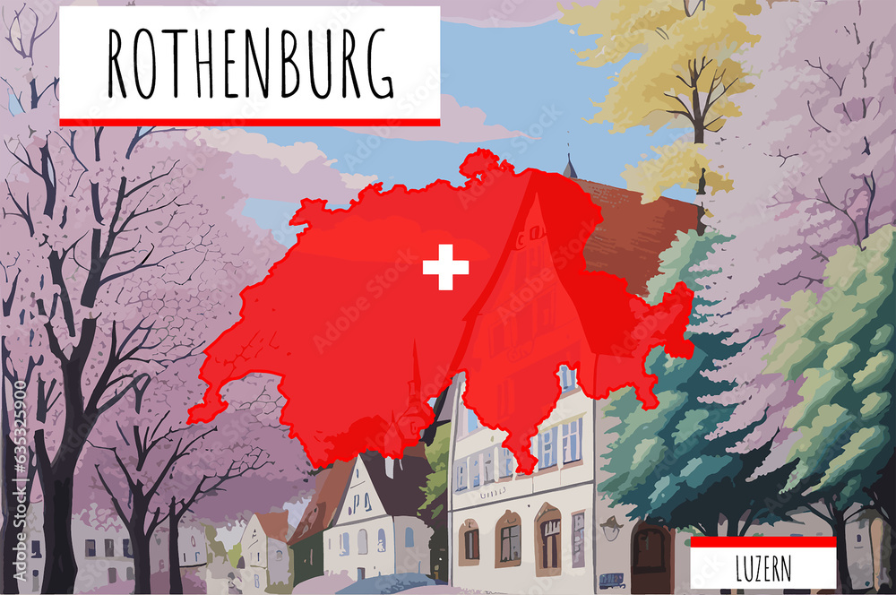 Rothenburg on a Swiss map with a scene in Switzerland ilustração do ...