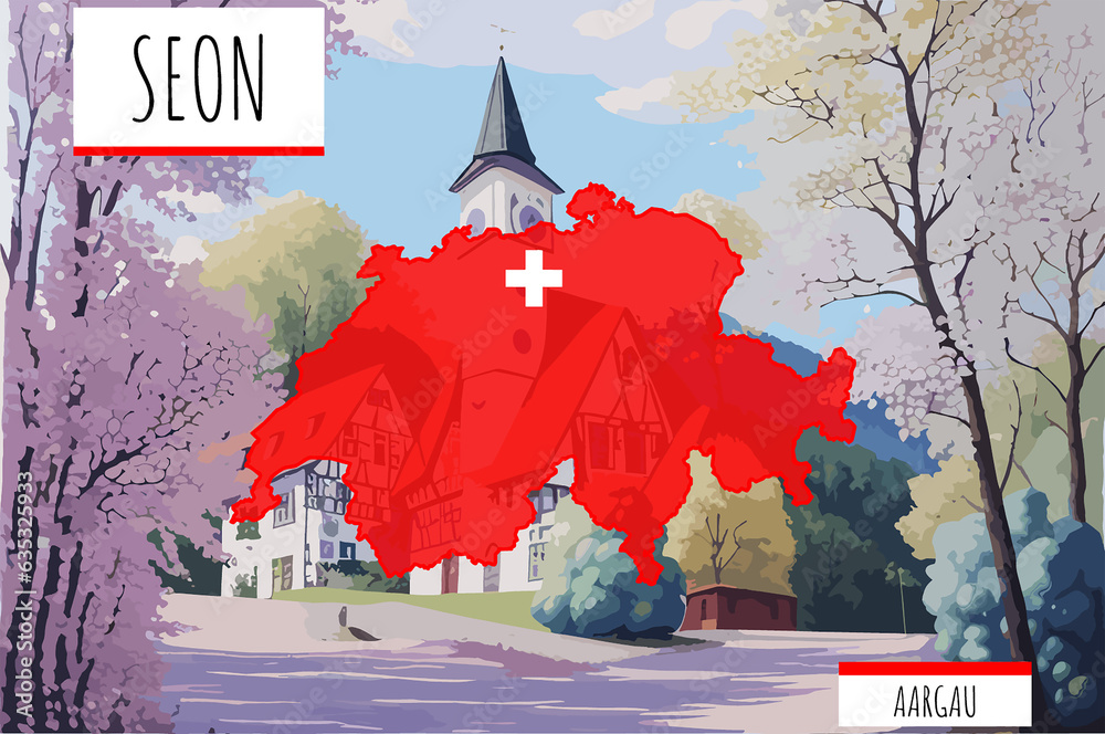 Seon on a Swiss map with a scene in Switzerland Stock Illustration ...