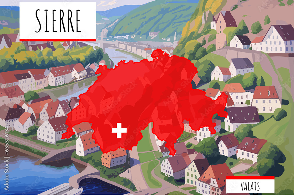 Sierre on a Swiss map with a scene in Switzerland Stock Illustration ...