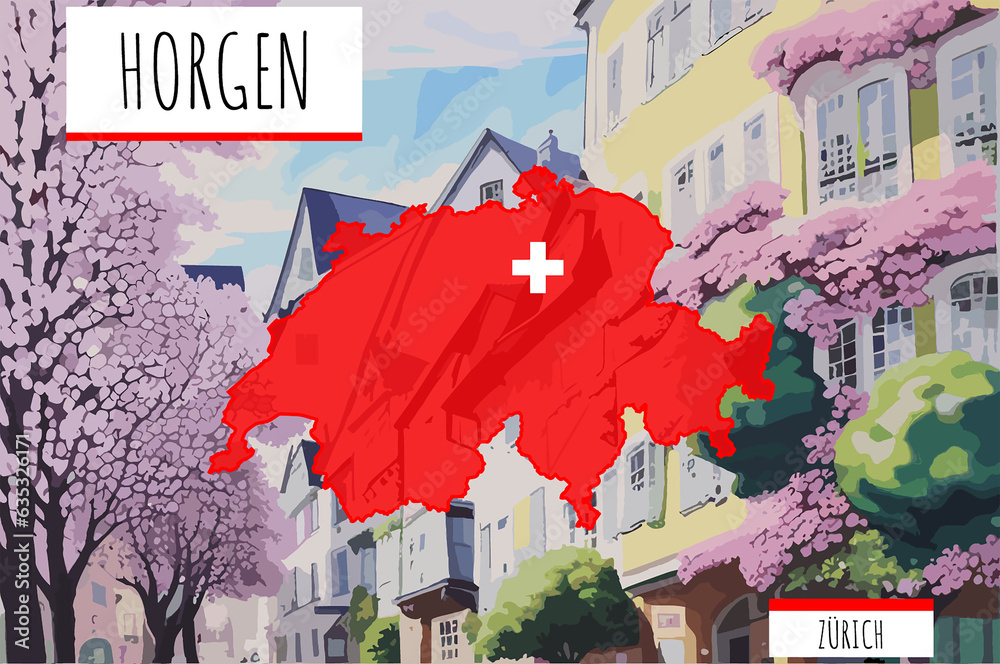 Horgen on a Swiss map with a scene in Switzerland Stock Illustration ...