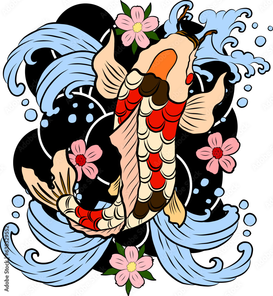 vector illustration of Japanese koi fish tattoo style drawing. Japanese ...