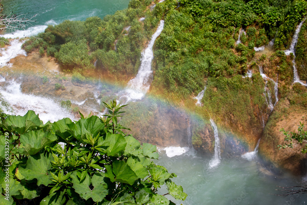 Landscape with rainbow near Veliki Slap Waterfall in the Plitvice Lakes ...
