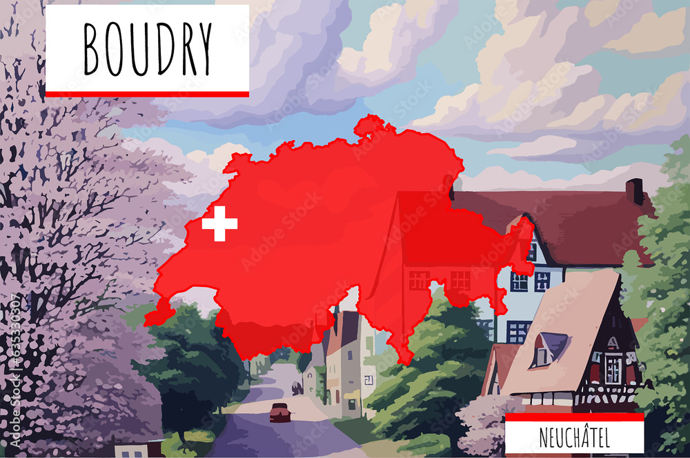 Boudry on a Swiss map with a scene in Switzerland Stock Illustration ...