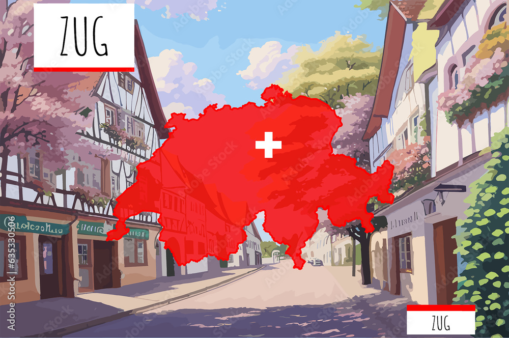 Zug on a Swiss map with a scene in Switzerland Stock Illustration ...