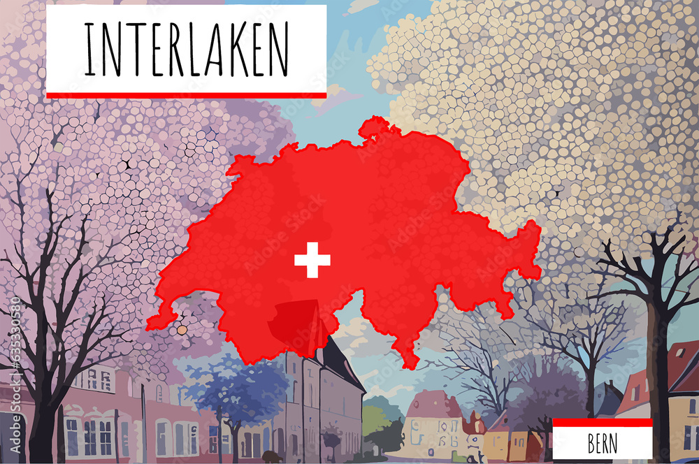 Interlaken on a Swiss map with a scene in Switzerland Stock ...