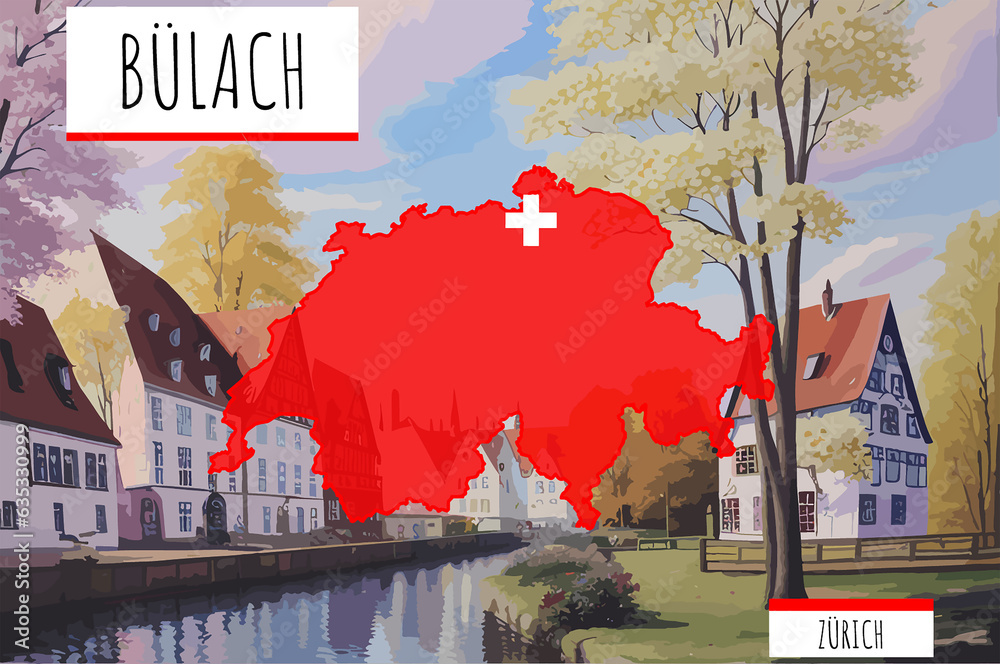 Bülach on a Swiss map with a scene in Switzerland Stock Illustration ...