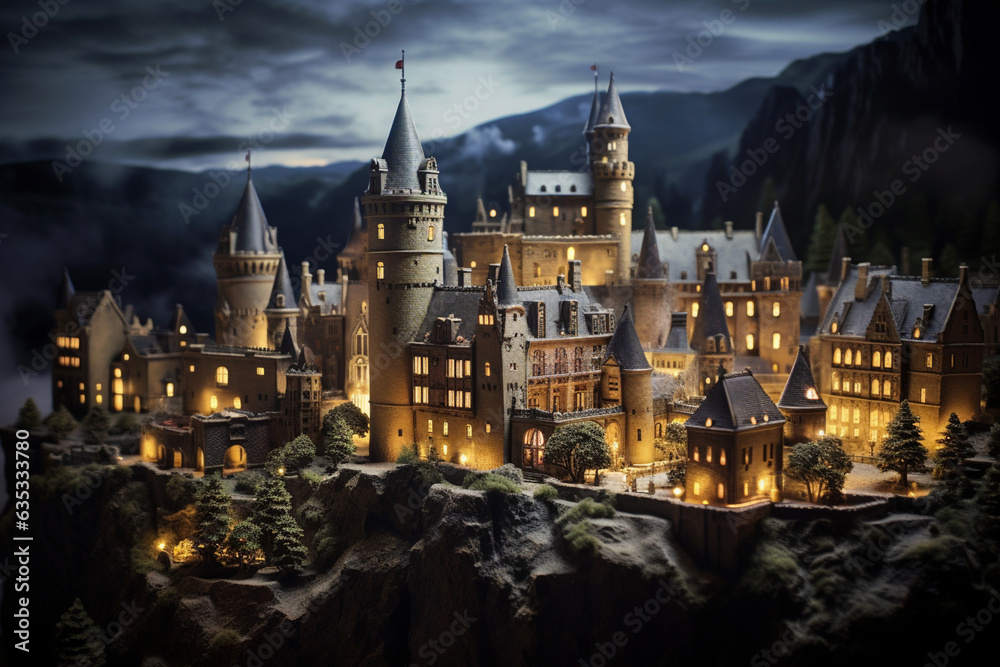 The mysterious charm of an ancient castle at twilight, employing a tilt ...