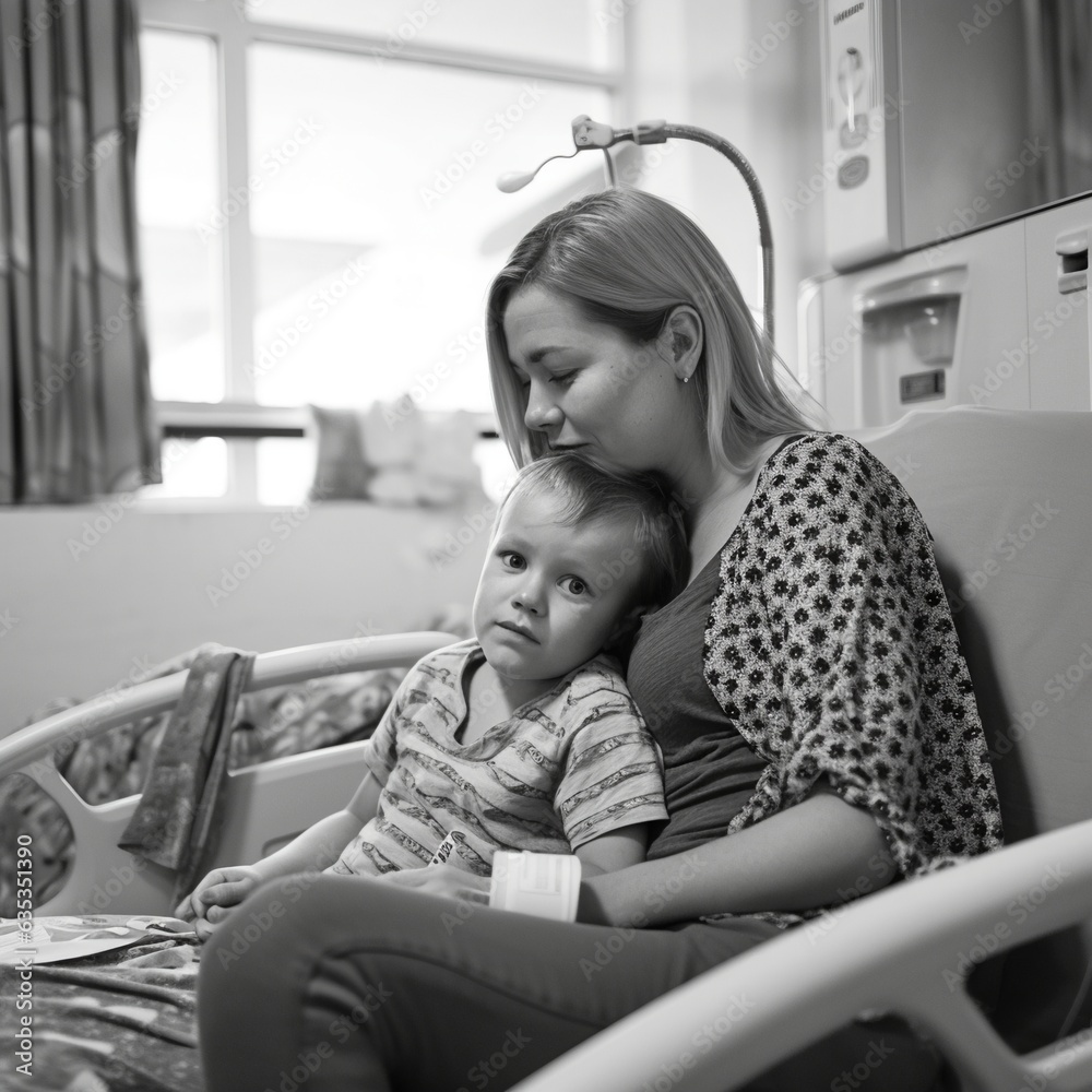 Sick kid boy lying in bed at hospital and mother holding his hand ...