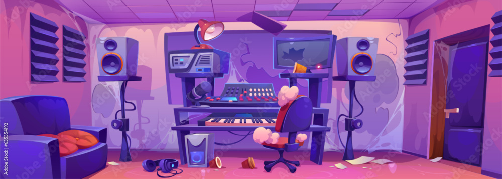Abandoned music record studio cartoon vector. Messy radio room for ...