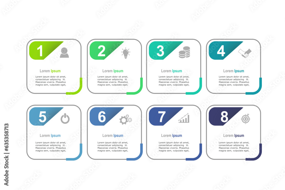 infographic elements template, business concept with 8 steps, multi color minimal rectangle ...